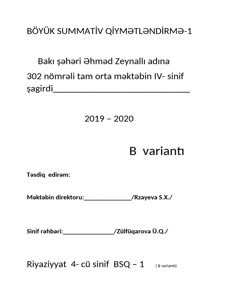 BÖYÜK SUMMATİV QİYMƏTLƏNDİRMƏ 1 IV-sinif B Variantı (Azərbaycan Dili ...