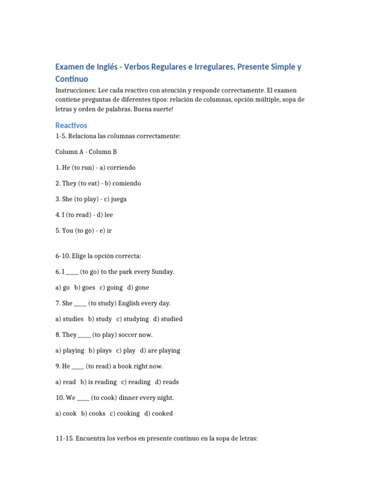 Examen Inglés: Verbos y Tiempos Verbales | PDF