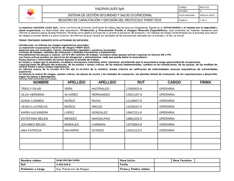 Registro Capacitación TMERT EESS | PDF | Factores humanos y ergonomía | Seguridad y salud ...