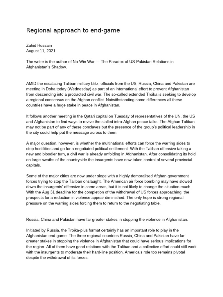 Regional Approach To End-Game | PDF | Afghanistan | Taliban