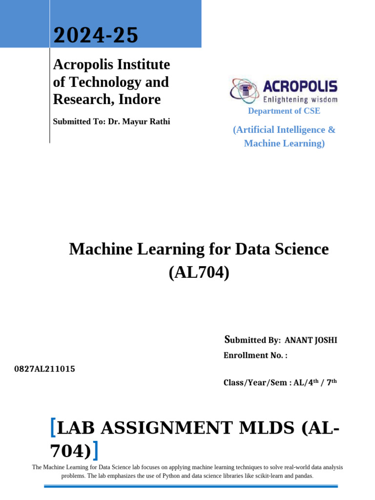 Anant MLDS File | PDF | Mean Squared Error | Receiver Operating Characteristic