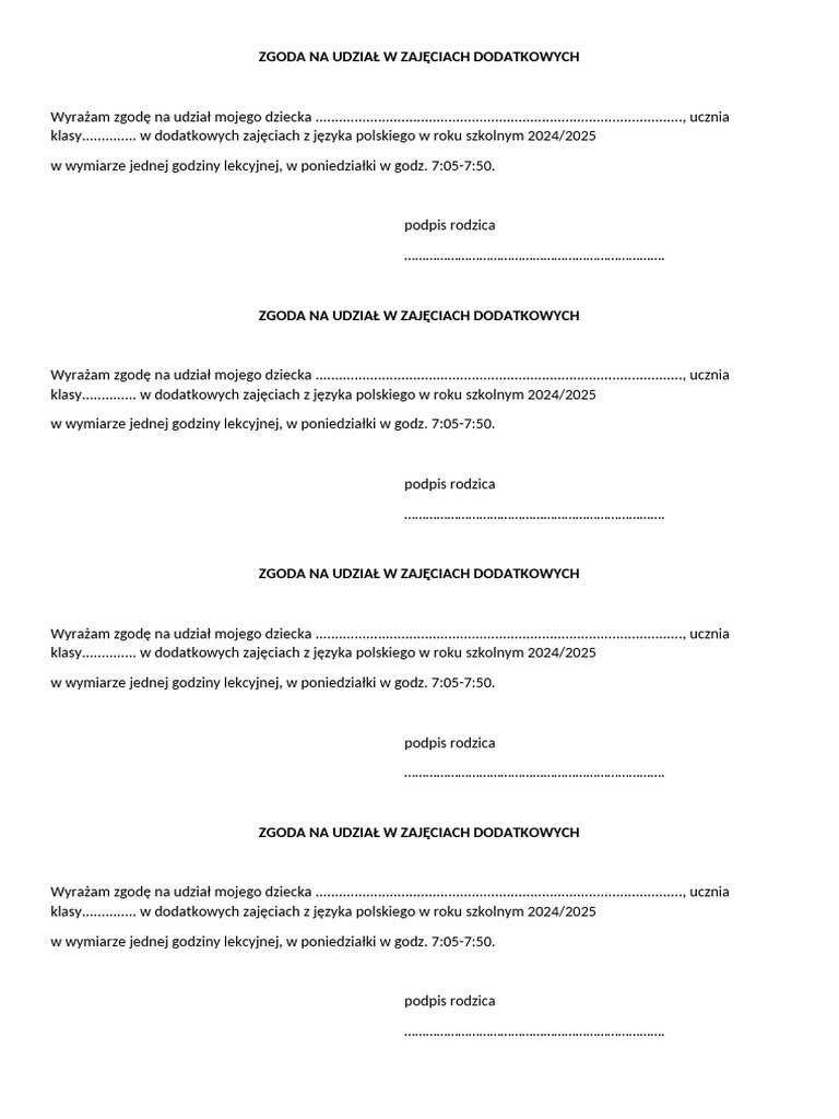 ZGODA NA UDZIAŁ W ZAJĘCIACH DODATKOWYCH (AutoRecovered) | PDF