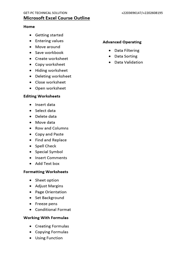 Microsoft Excel Course Outline | PDF
