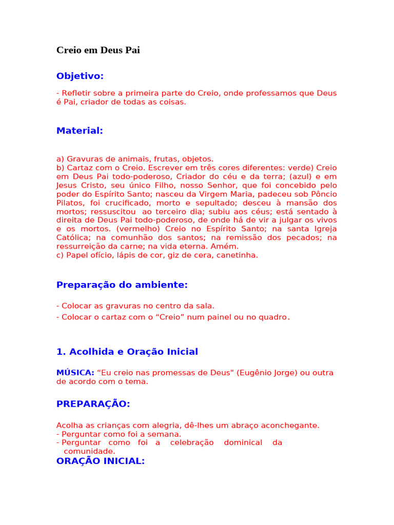 Creio em Deus Pai: Catequese Infantil | PDF | Oração | Fé