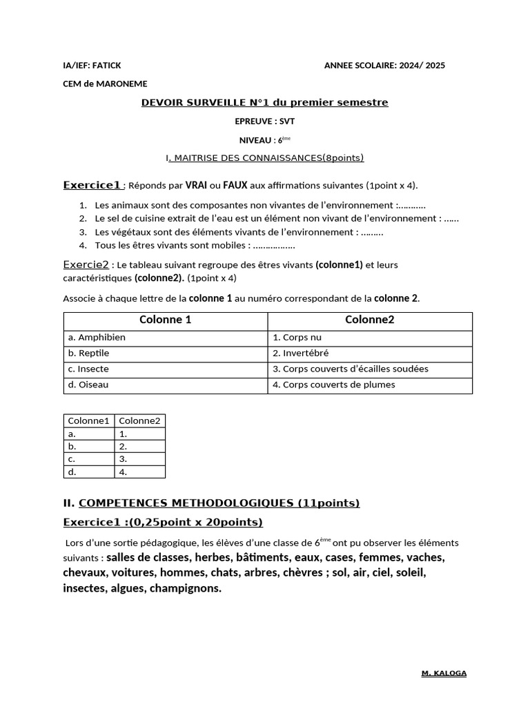 Devoir1 - SVT 6ème | PDF