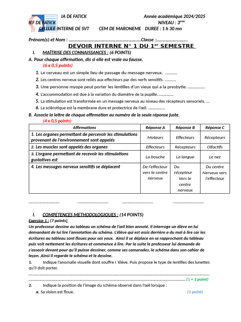 Devoir SVT 3ème : Système Nerveux | PDF | Nerf | Sens (physiologie)