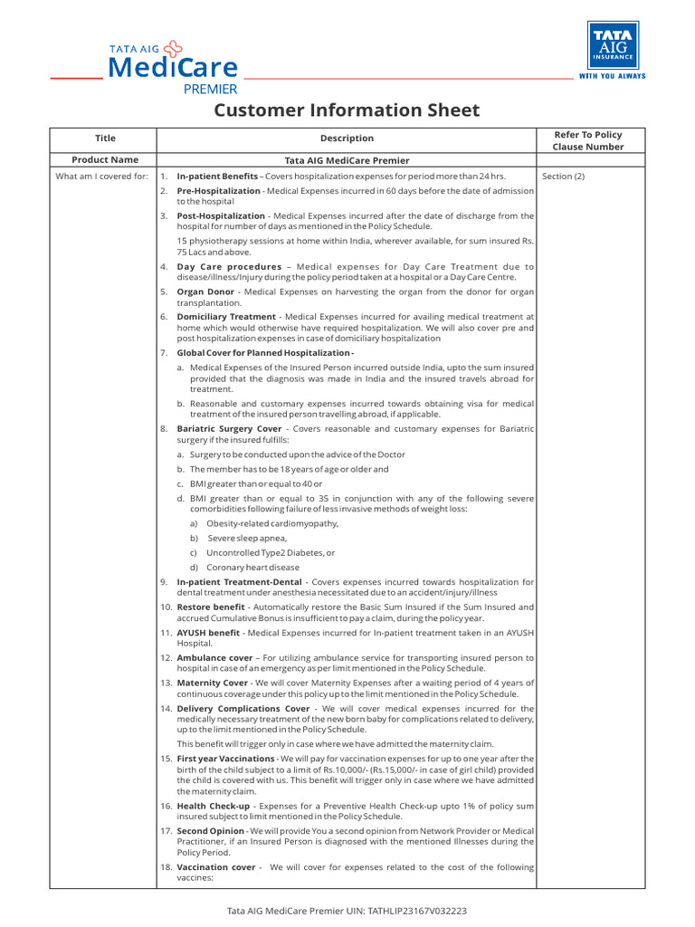 Medicare Premier Customer Information Sheet | PDF | Vaccines | Insurance