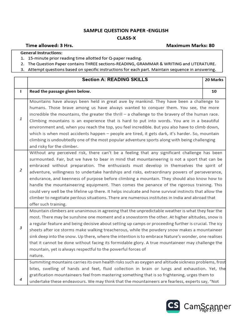 English-Ft Sample Paper | PDF | Tourism | Mountaineering