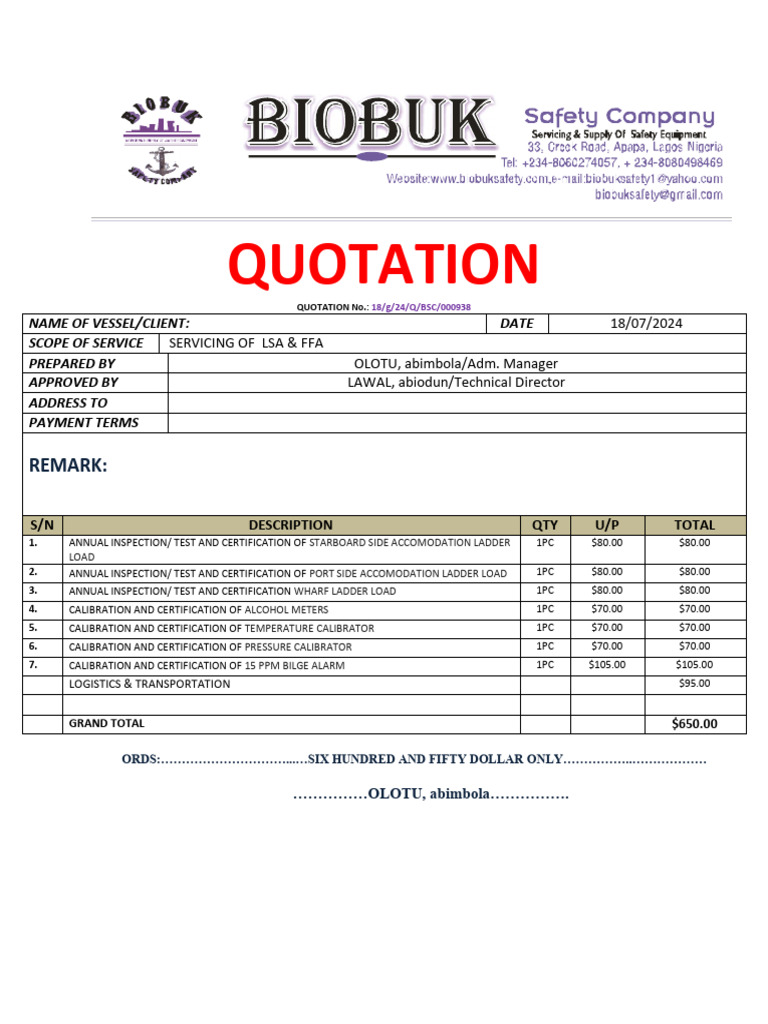 Quotation Serv. Safety Items-Kn-1 | PDF