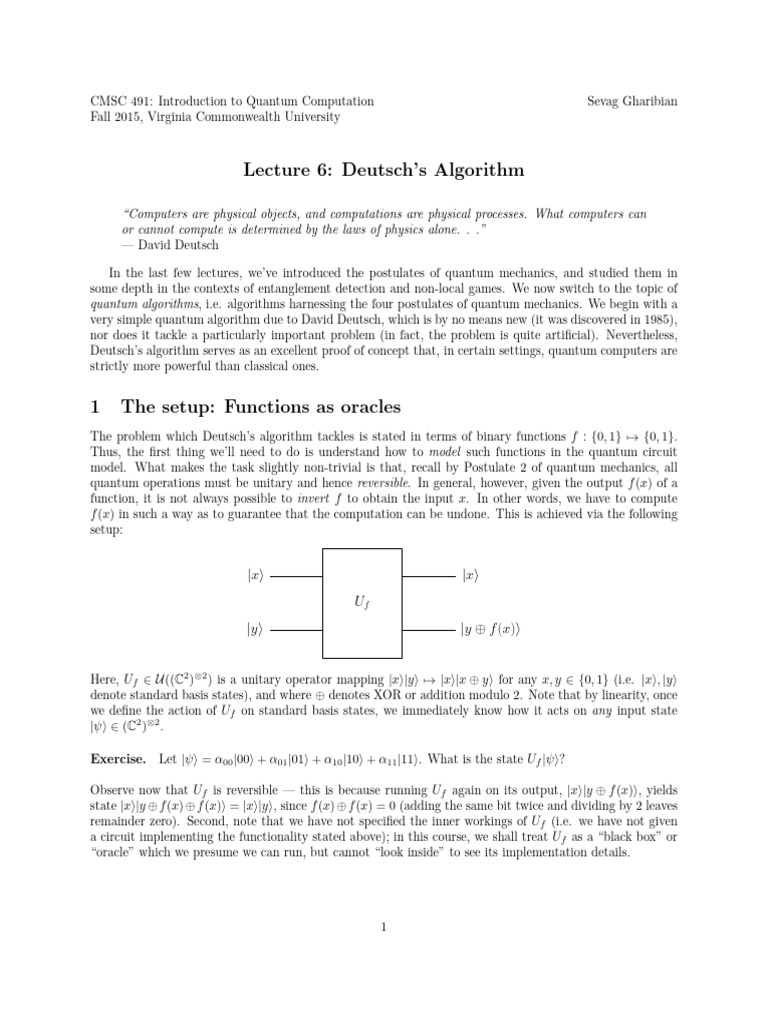 Deutsch - S and The Deutsch-Jozsa Algorithms | PDF | Applied Mathematics | Theoretical Computer ...