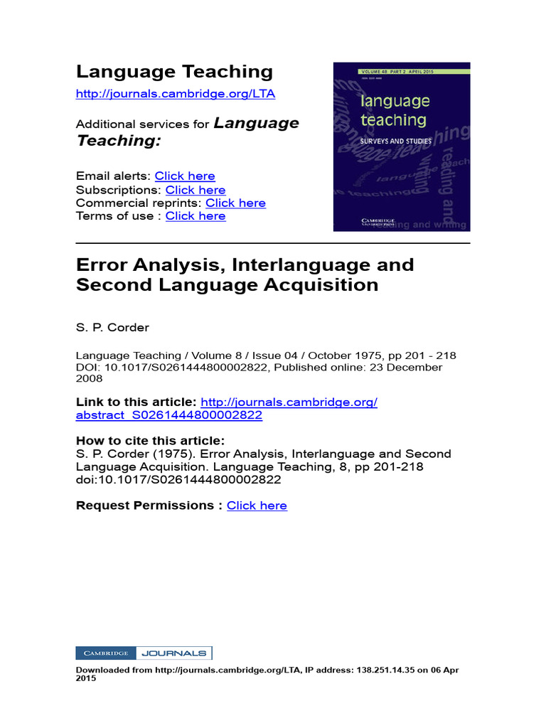 Corder's Error Analysis in Language Learning | PDF | Second Language ...