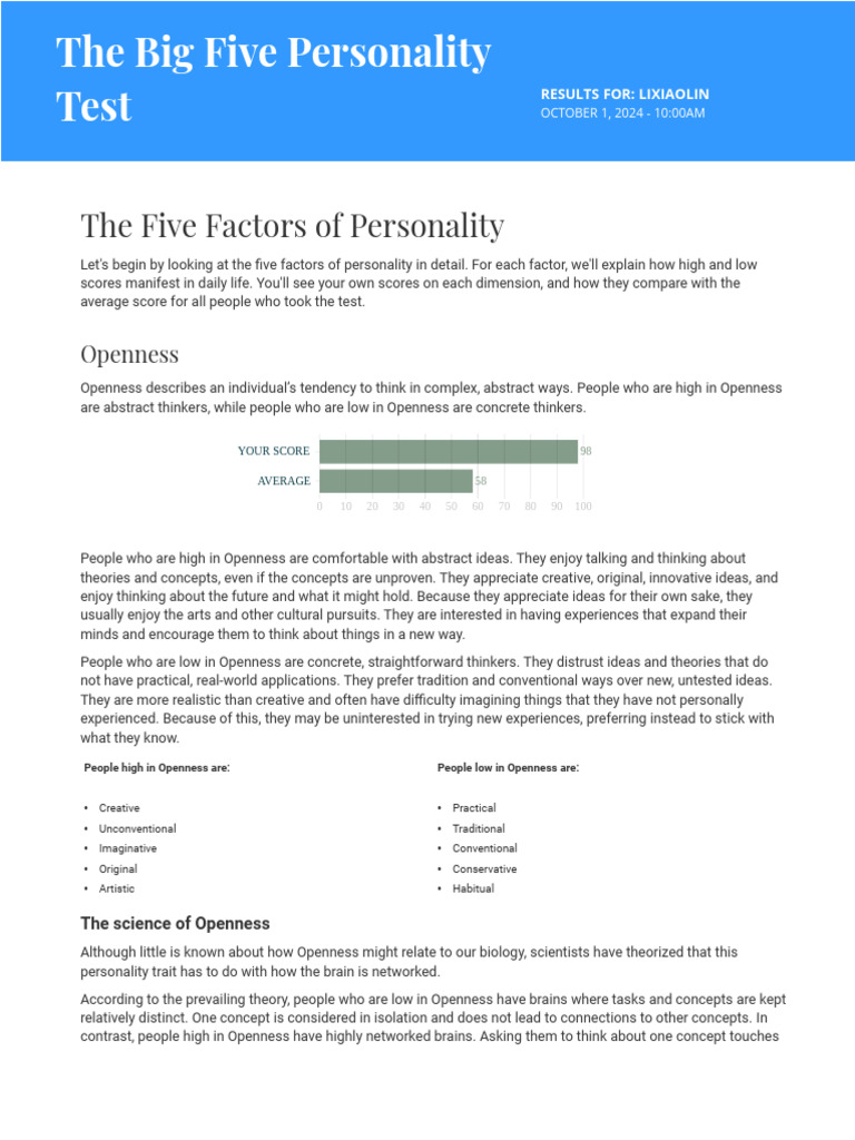 Big Five Personality Test Report | PDF | Extraversion And Introversion ...