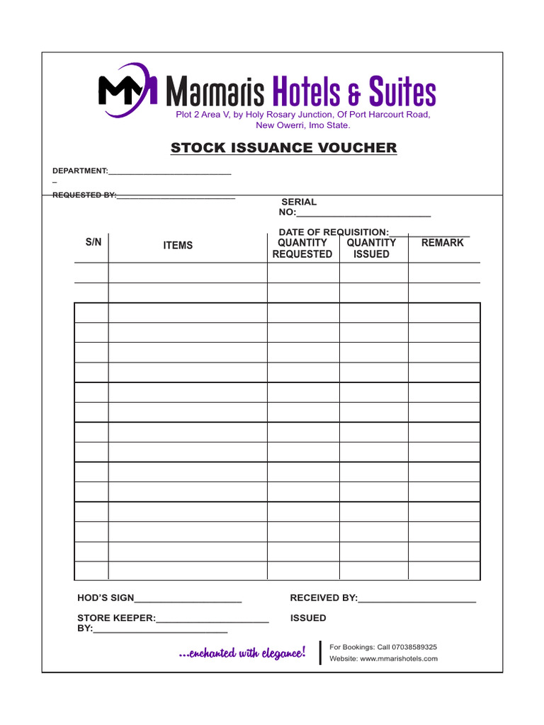 Hotel STOCK ISSUANCE VOUCHER | PDF