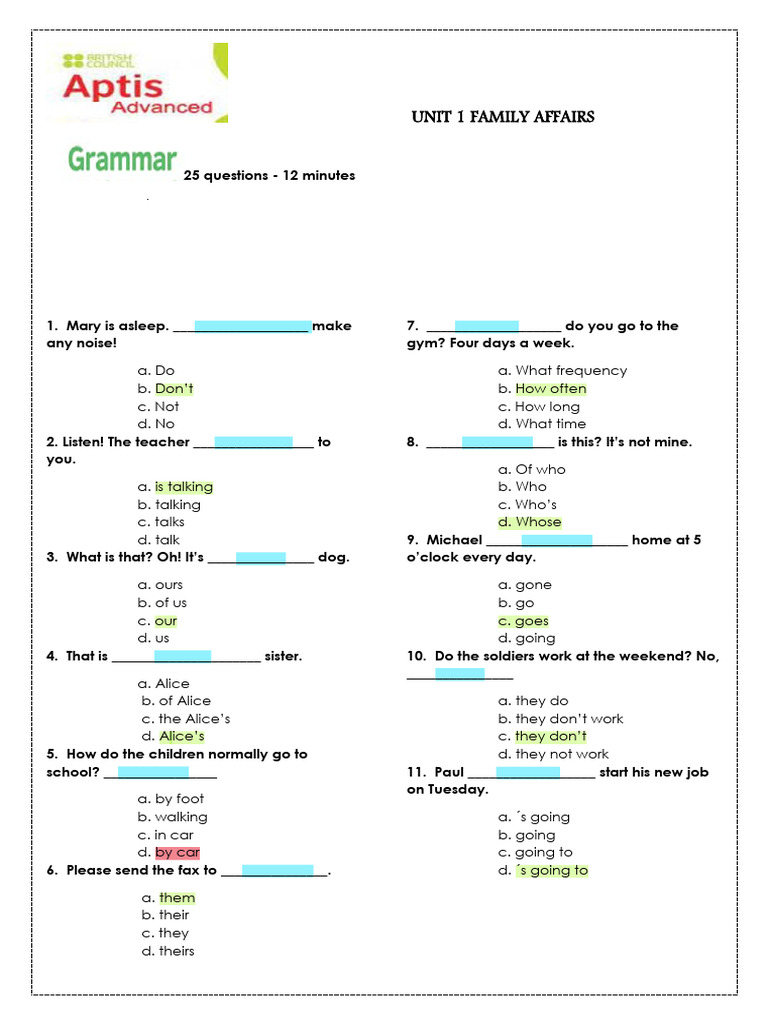 Aptis Advanced Grammar Unit 1 Family Affairs | PDF