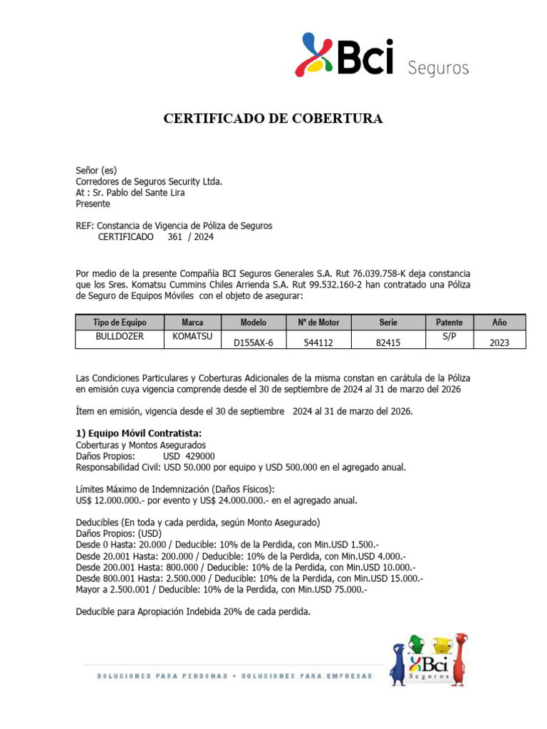Certificados Bci Kcca 2024-2026 (v2) Bulldozer Serie 82415 | PDF