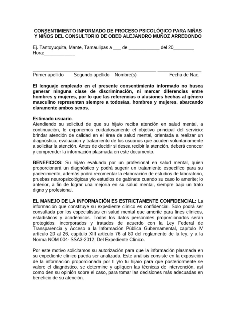 Consentimiento Informado Niños y Niñas | PDF | Salud mental | Sicología