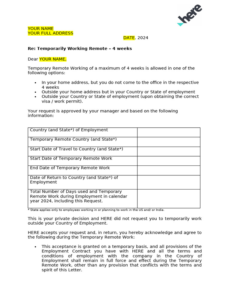 Temporary Remote Work Approval Letter | PDF | Employment | Travel Visa