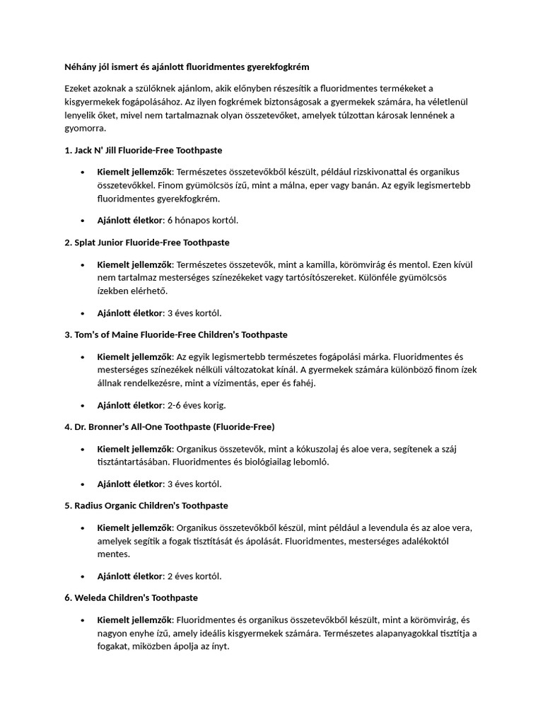 Néhány Jól Ismert És Ajánlott Fluoridmentes Gyerekfogkrém | PDF