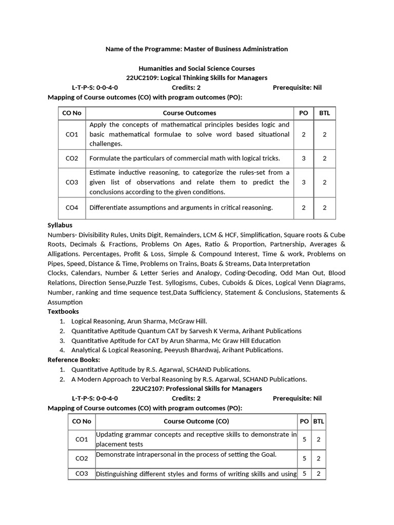 MBA-Y22 Syllabus - Updated | PDF | Economics | Marketing