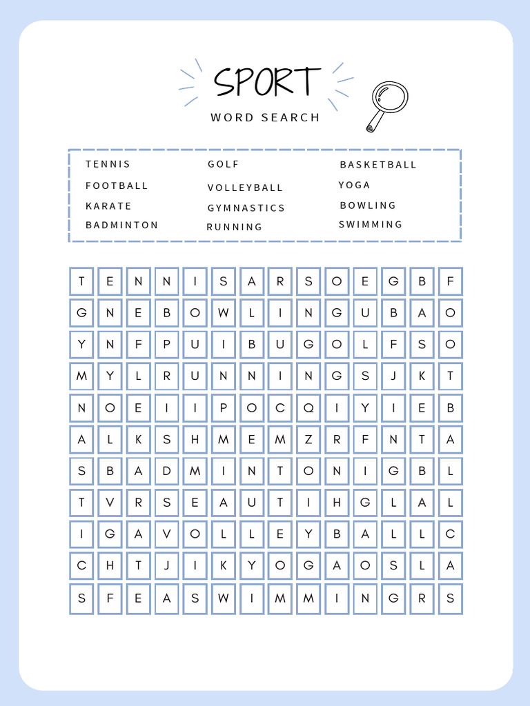 Sport Word Search in White Blue Simple Style | PDF