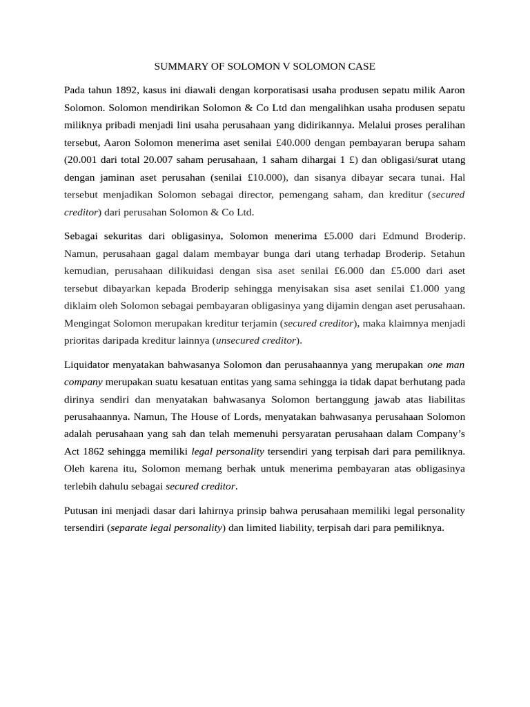 Kasus Solomon: Prinsip Legalitas Perusahaan | PDF