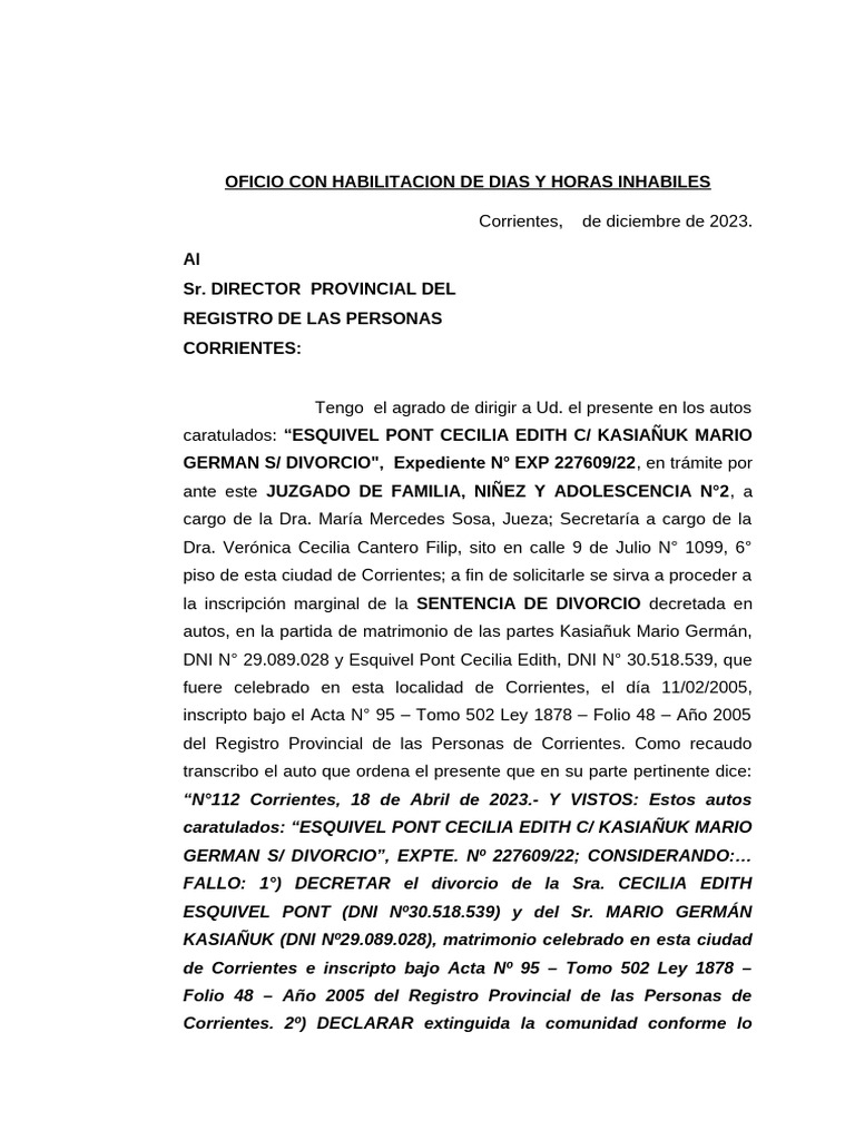 Oficio Registro Civil | PDF