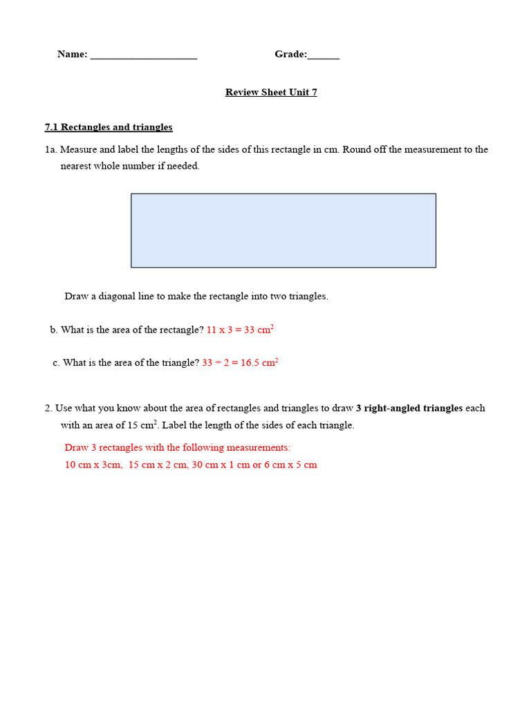 Grade 6 - Review Sheet Unit 7 - Answer Key | PDF | Area | Triangle
