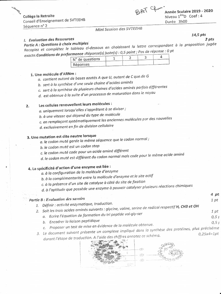 Svteehb - Collège de La Retraite - Première D - Séquence N°2 - 20192020 Cameroun | PDF