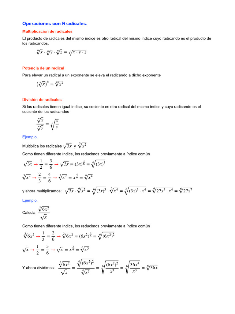 Operaciones Básicas con Radicales | PDF | Exponenciación | Matemáticas
