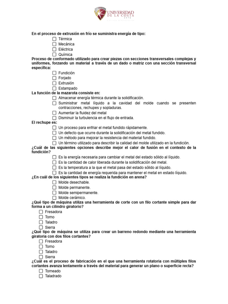 Banco de Preguntas Procesos de Manufactura | PDF | Perforar | Líquidos