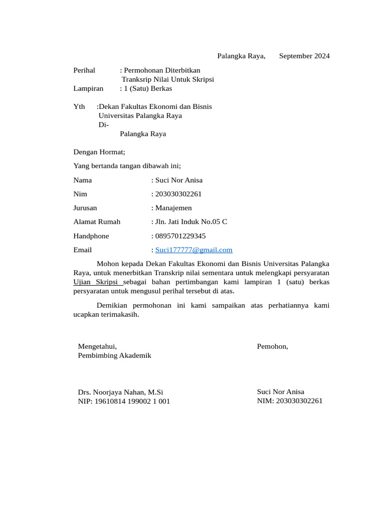 Surat Permohonan Transkrip Skripsi Suci | PDF