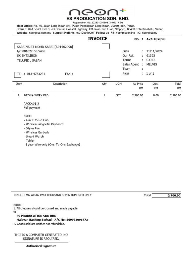 Invoice A24-I02098 For Sabrina BT Mohd Sabri (A24-I02098) | PDF