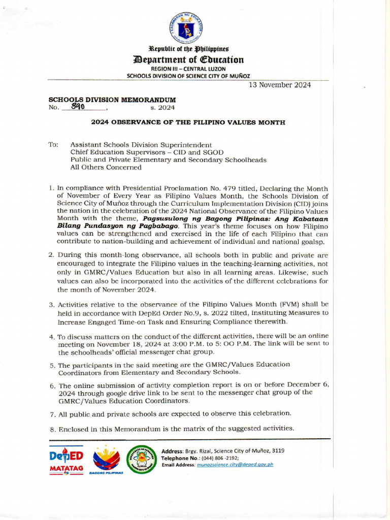 SDM No. 390 S. 2024 2024 Observance of The Filipino Values Month | PDF