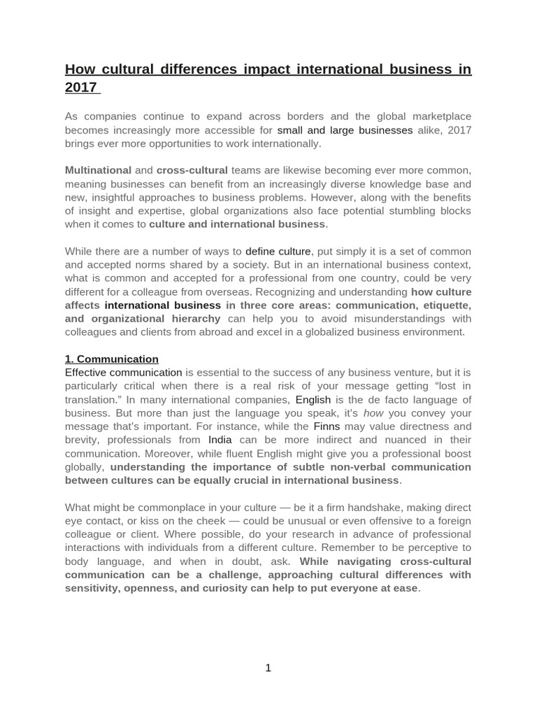 How Cultural Differences Impact International Business in 2017 | PDF ...