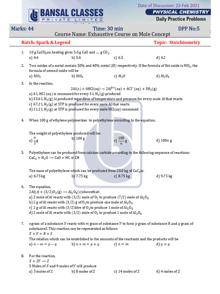 DPP5 Exhaustive Mole Concept | PDF | Mole (Unit) | Oxide