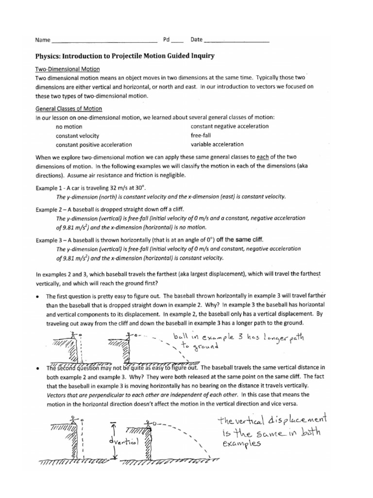 Intro To Projectile Motion Guided Inquiry W Illustrations | PDF