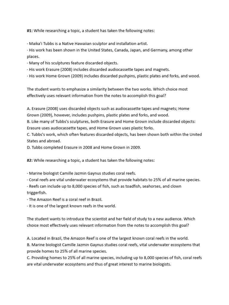 SAT Practice #4 - Rhetorical Synthesis and English Conventions | PDF ...