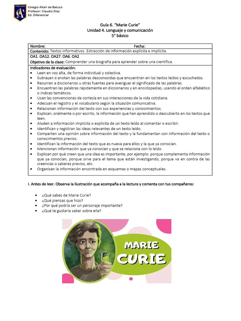 Guia 6. Marie Curie 07noviembre 5a-B 38copias | PDF | Marie Curie