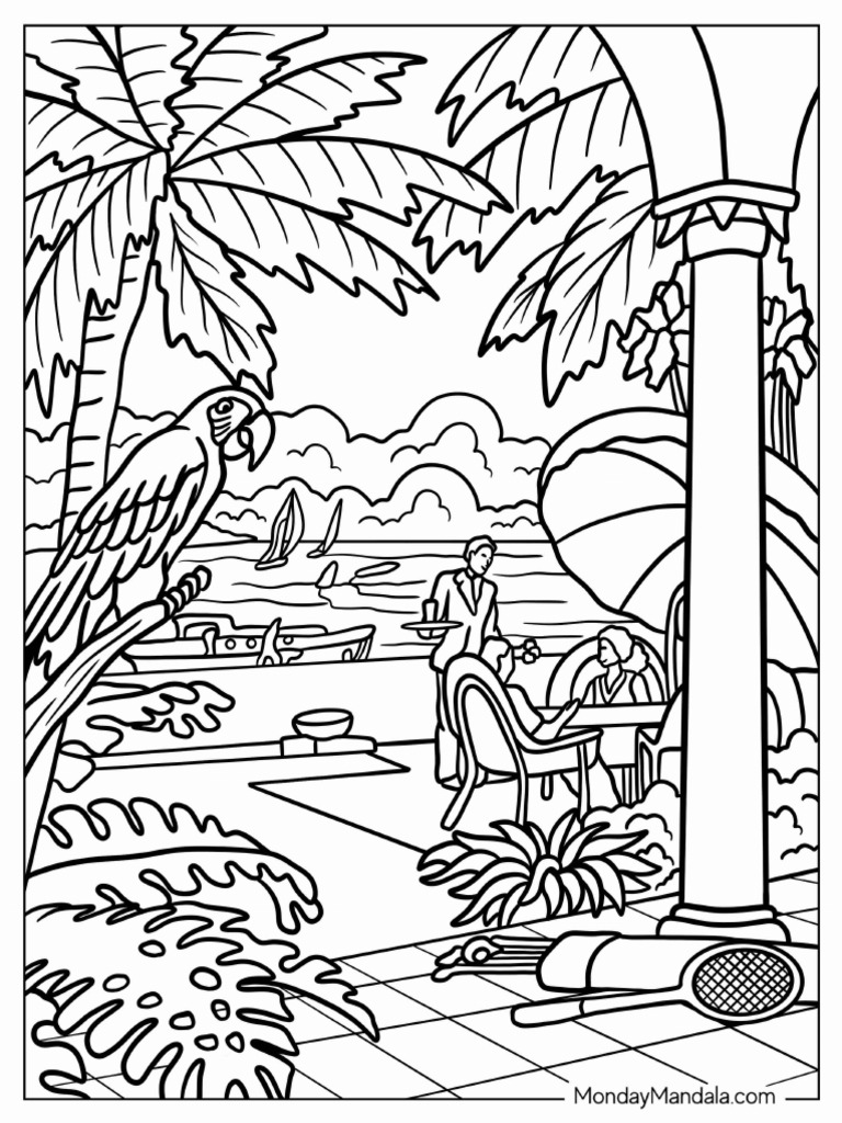 Vintage Florida Resort Beach Scenery Coloring Page | PDF