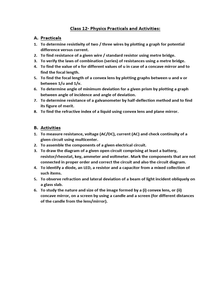 Class 12 Physics Practicals and Activities | PDF