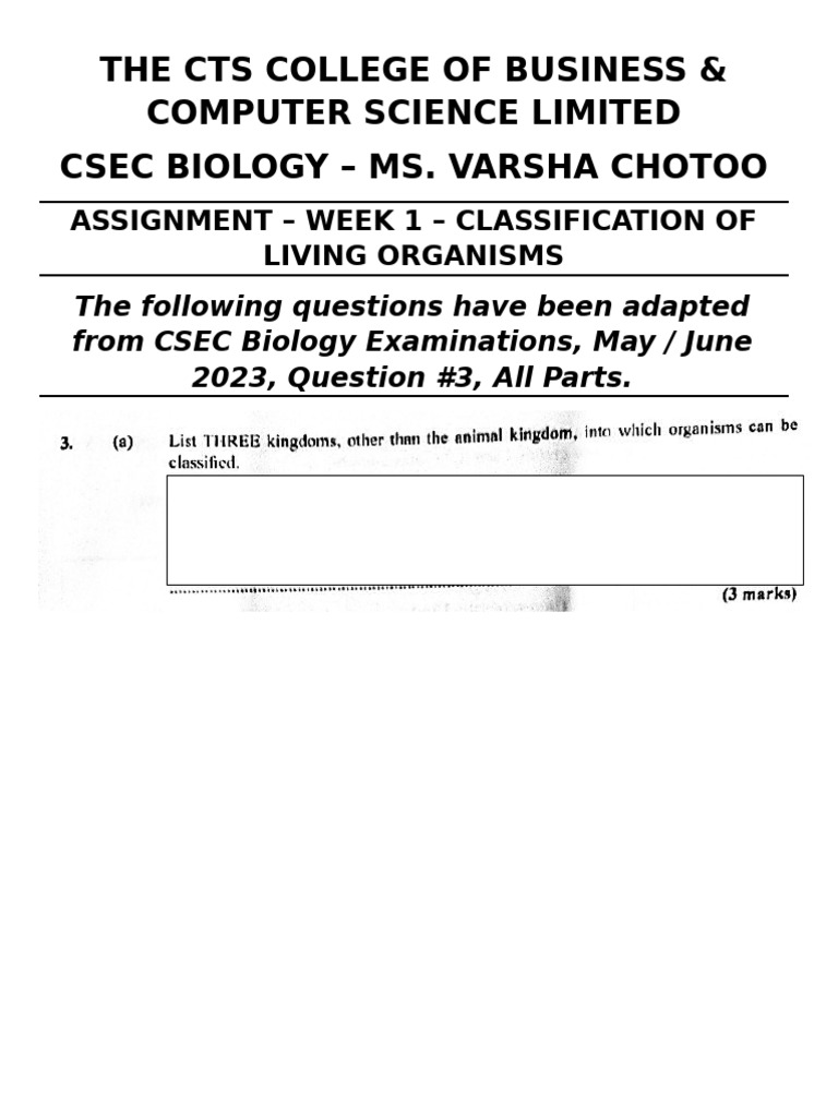 CSEC Biology Week 1 Assignment Classification of Organisms | PDF