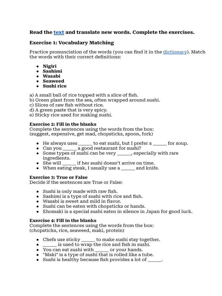 Reading Exercise - Sushi | PDF | Sushi | Foods