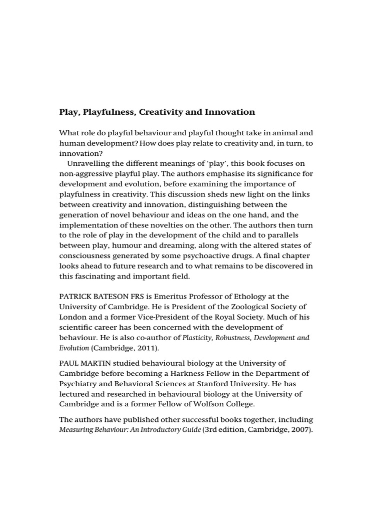 Bateson P Martin P Play Playfulness Creativity And Innovation Cambridge University Press