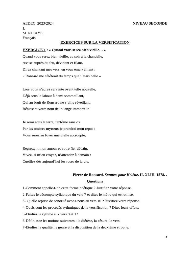 Exercices de versification pour seconde | PDF | Poésie | Poétique ...
