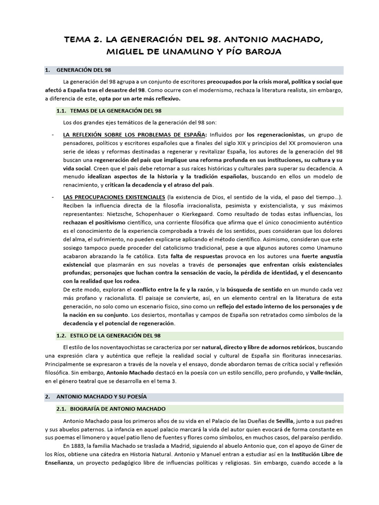 Tema 2. La Generación Del 98. Antonio Machado, Pío Baroja y Miguel de ...