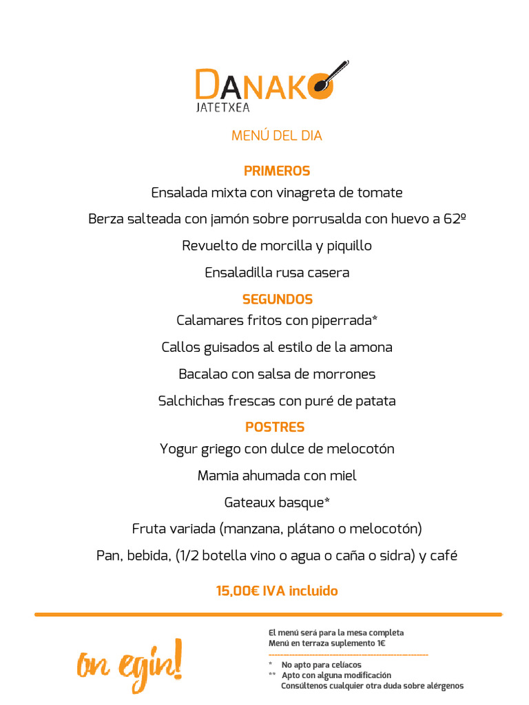 Menu Del Dia Danako Irun | PDF