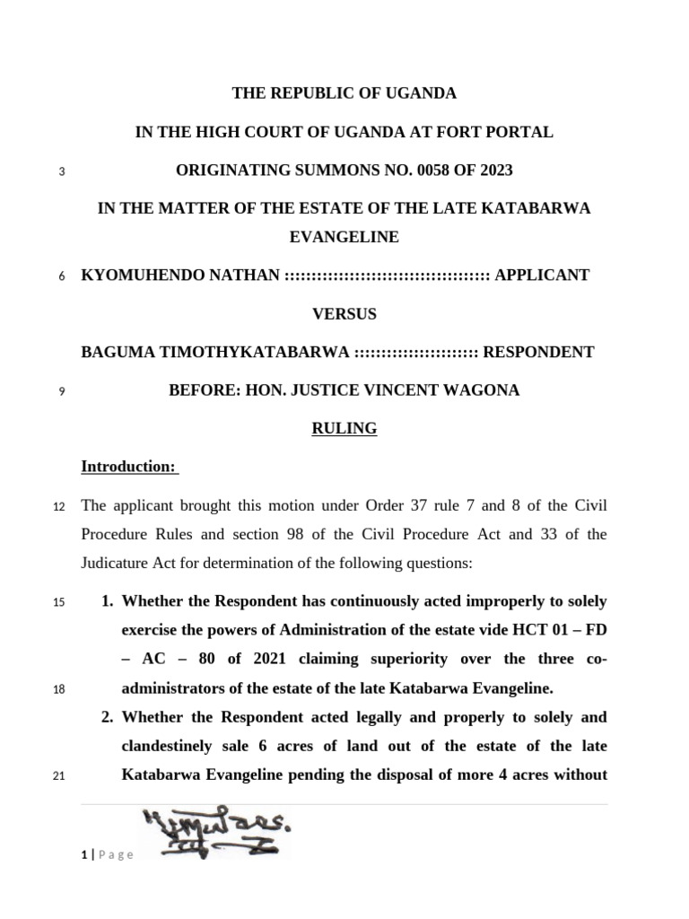 Kyomuhendo V Baguma (Originating Summons 58 of 2023) 2024 UGHC 410 (31 May 2024) | PDF | Lawsuit ...