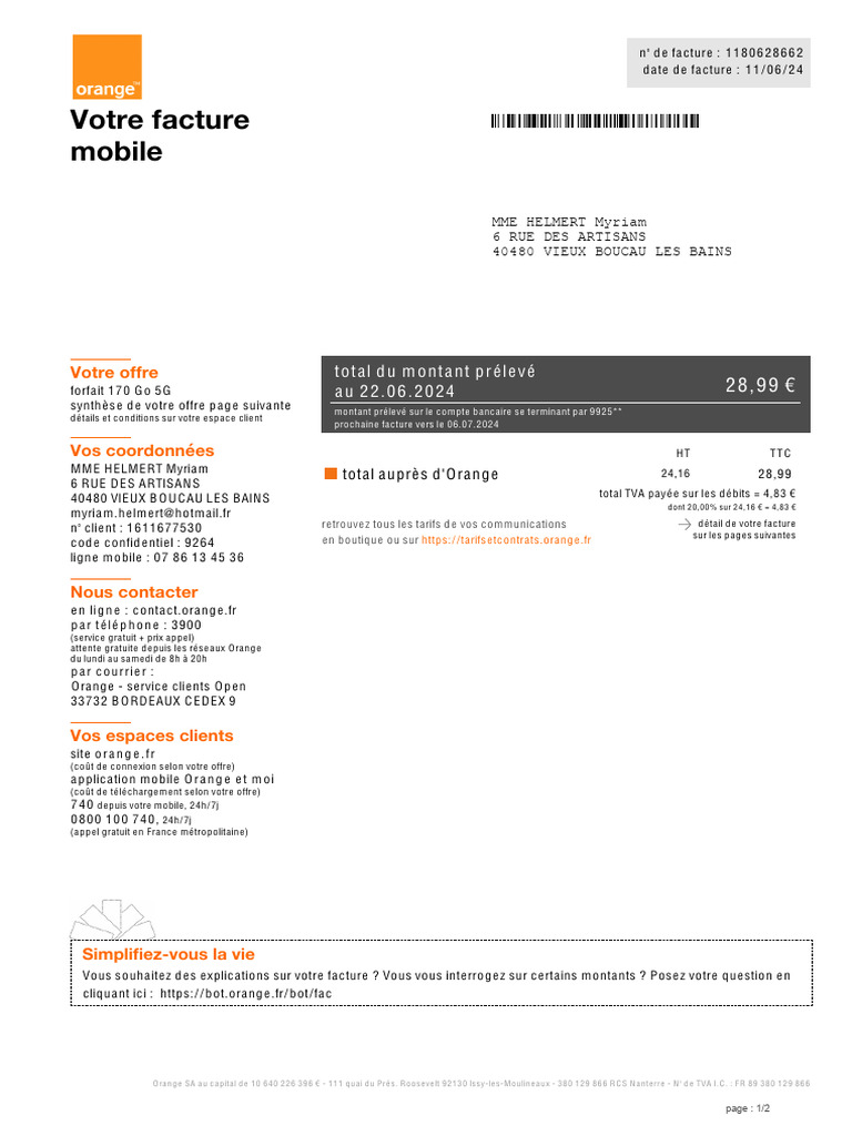 Facture mobile Orange - Forfait 170 Go 5G | PDF