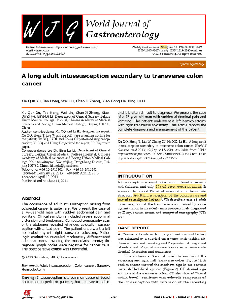 A Long Adult Intussusception Secondary To Transverse Colon 2013 | PDF ...