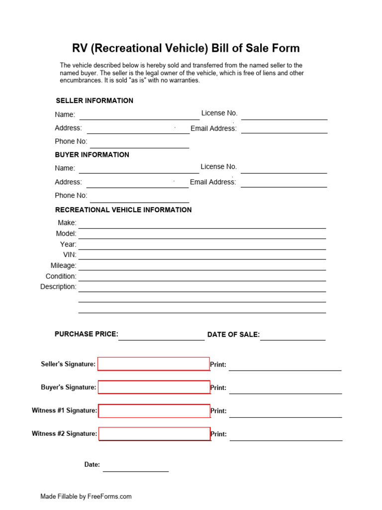 RV-Recreational-Vehicle-Bill-of-Sale-Form. CTTO | PDF